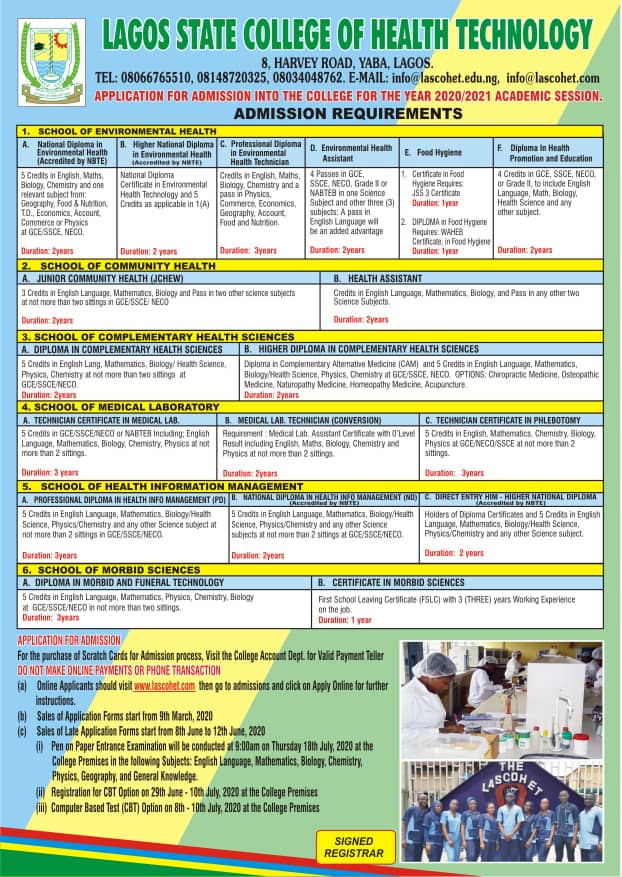 Lagos State College of Health Technology, LASCOHET Admission Form ...